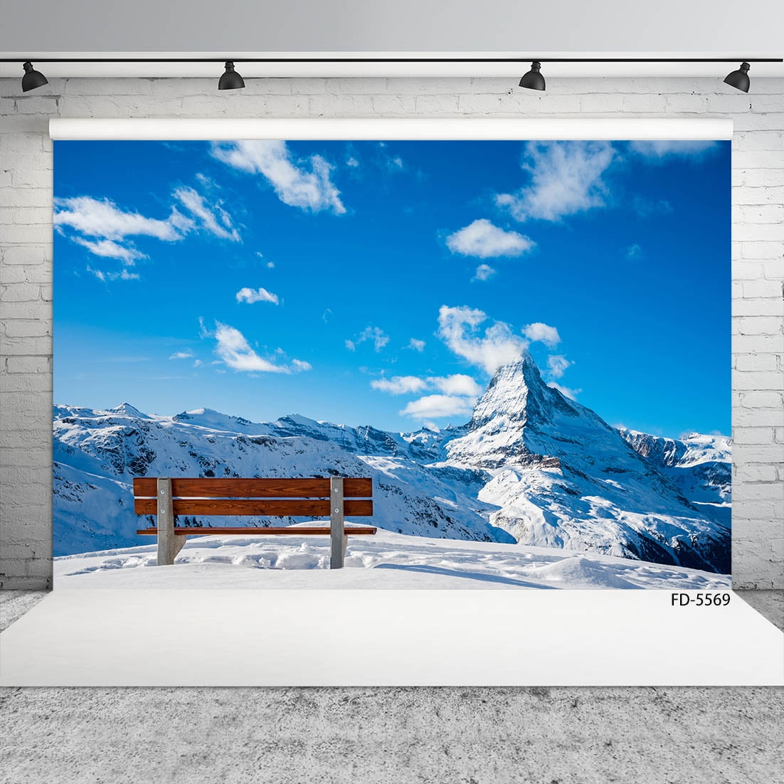 Snow Mountain Bench Scenery Photographic Backdrop Vinyl Cloth ...