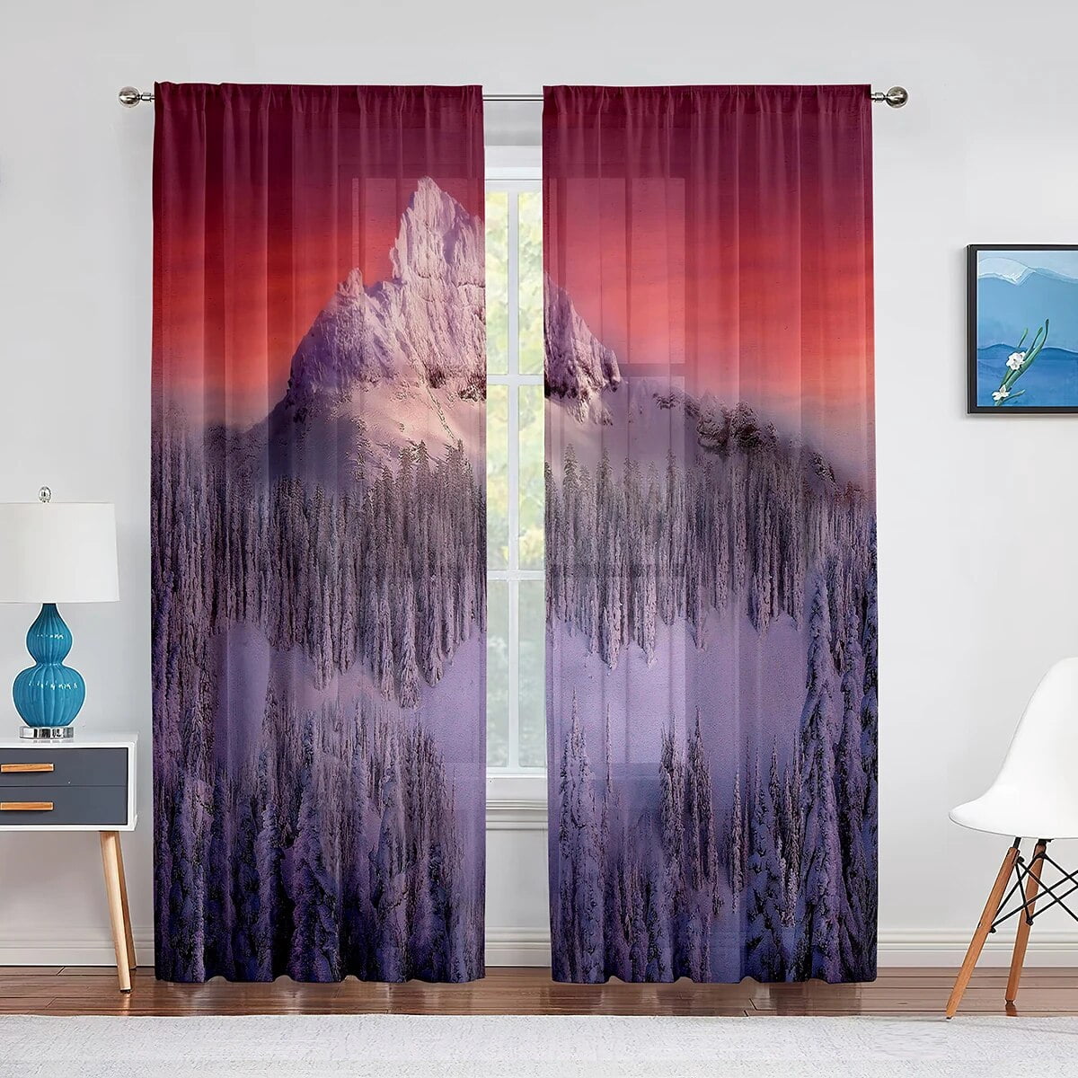 Snow Mountain Dreamy Dusk Scenery Sheer Curtain for Living Room Bedroom ...