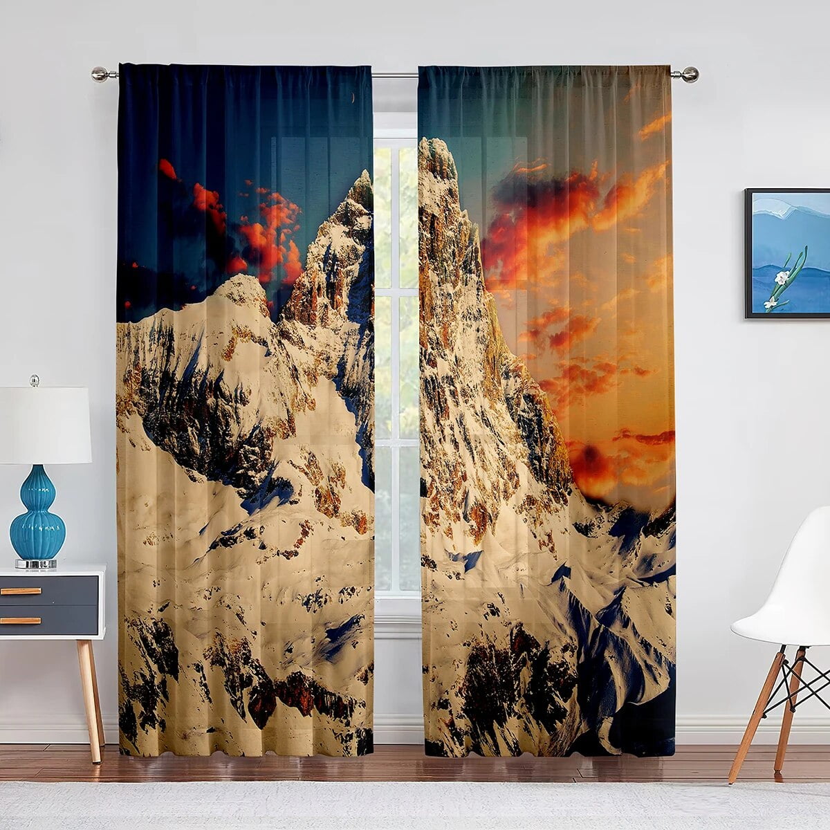 Snow Mountain Dreamy Dusk Scenery Sheer Curtain for Living Room Bedroom ...