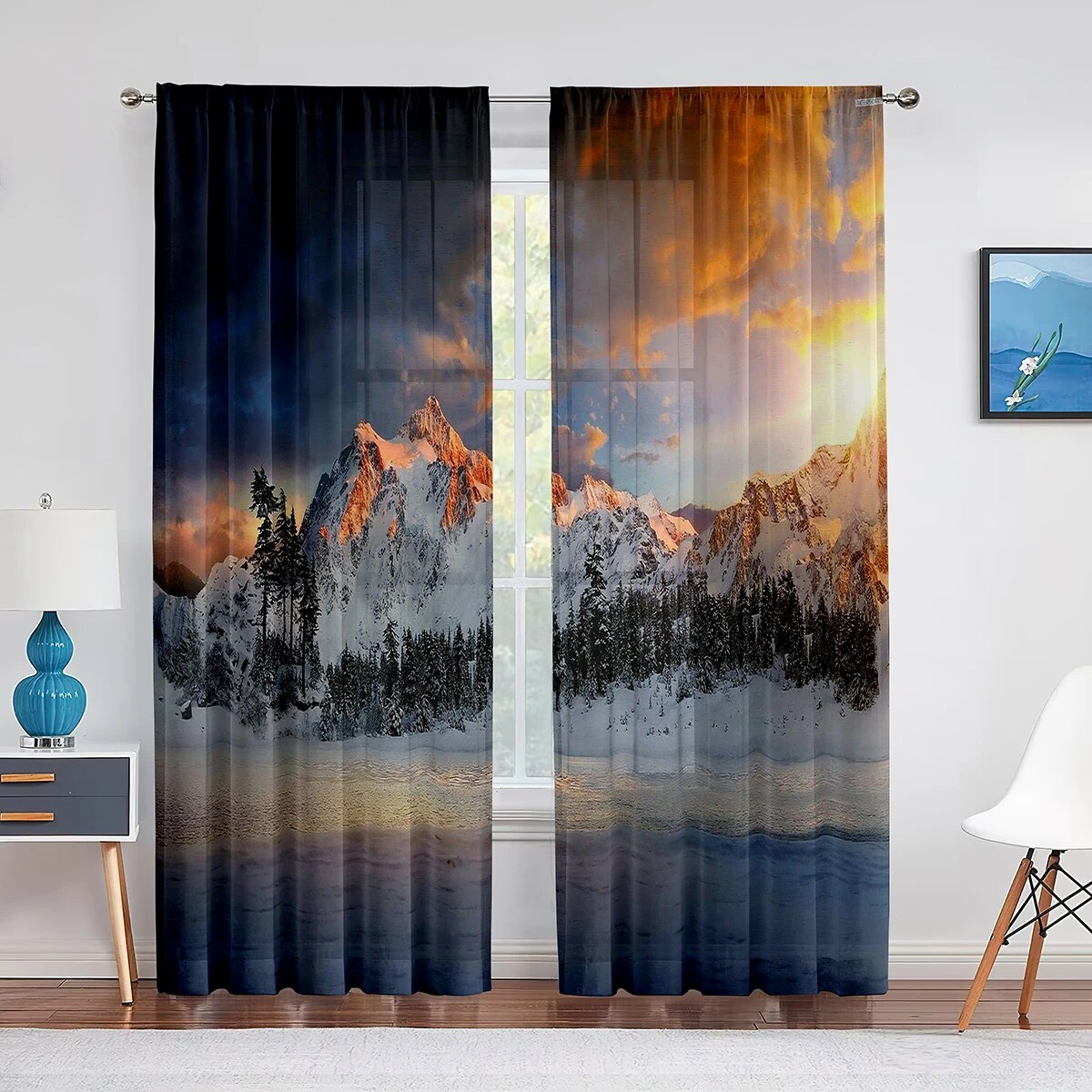 Snow Mountain Dreamy Dusk Scenery Sheer Curtain for Living Room Bedroom ...