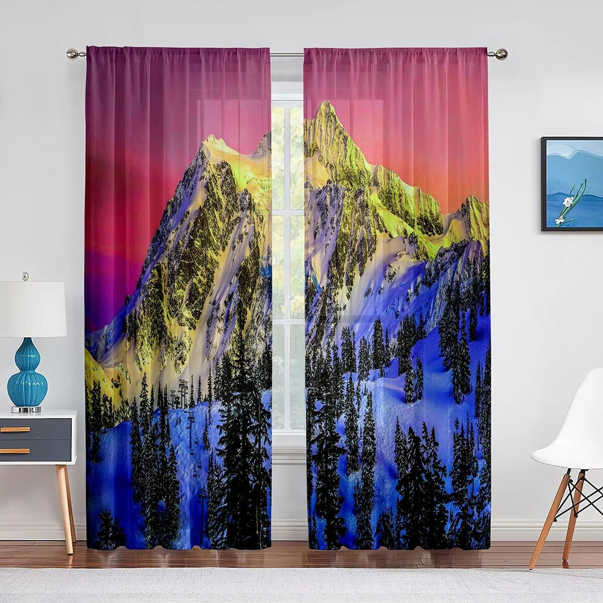 Snow Mountain Dreamy Dusk Scenery Sheer Curtain for Living Room Bedroom ...
