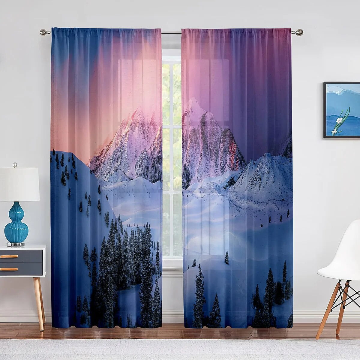 Snow Mountain Dreamy Dusk Scenery Sheer Curtain for Living Room Bedroom ...