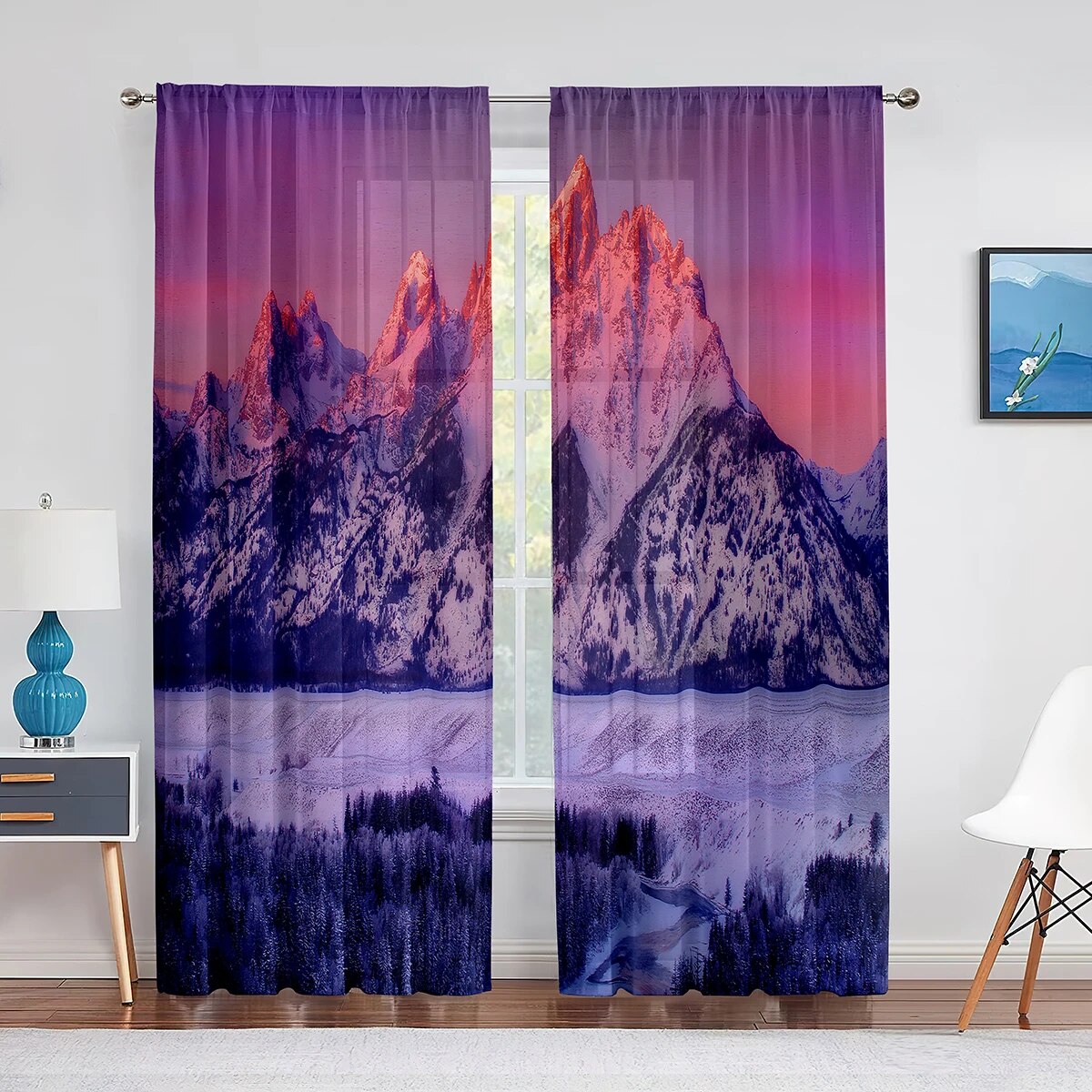 Snow Mountain Dreamy Dusk Scenery Sheer Curtain for Living Room Bedroom ...