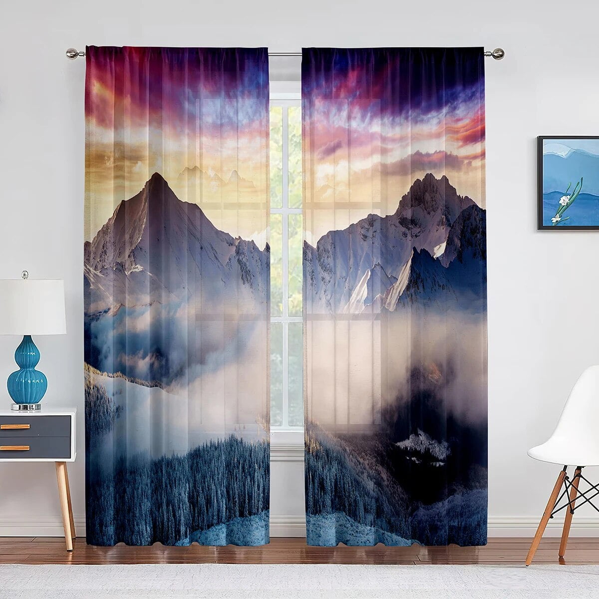 Snow Mountain Dreamy Dusk Scenery Sheer Curtain for Living Room Bedroom ...