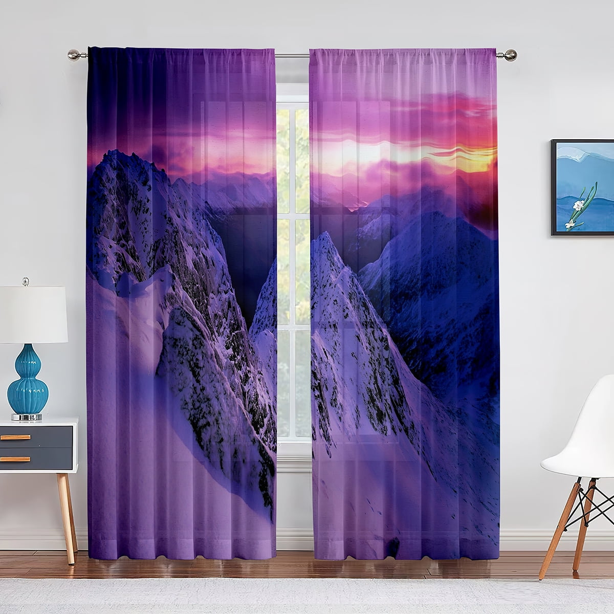 Snow Mountain Dreamy Dusk Scenery Sheer Curtain for Living Room Bedroom ...
