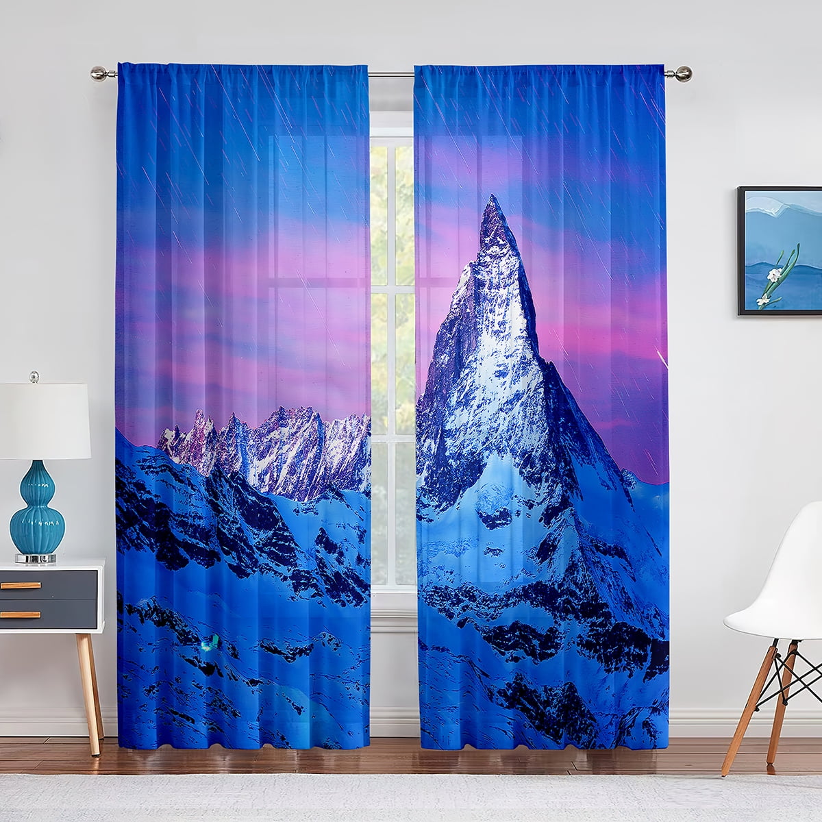 Snow Mountain Dreamy Dusk Scenery Sheer Curtain for Living Room Bedroom ...