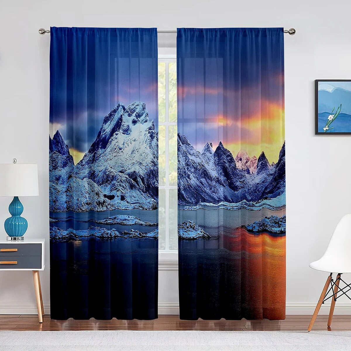 Snow Mountain Dreamy Dusk Scenery Sheer Curtain for Living Room Bedroom ...