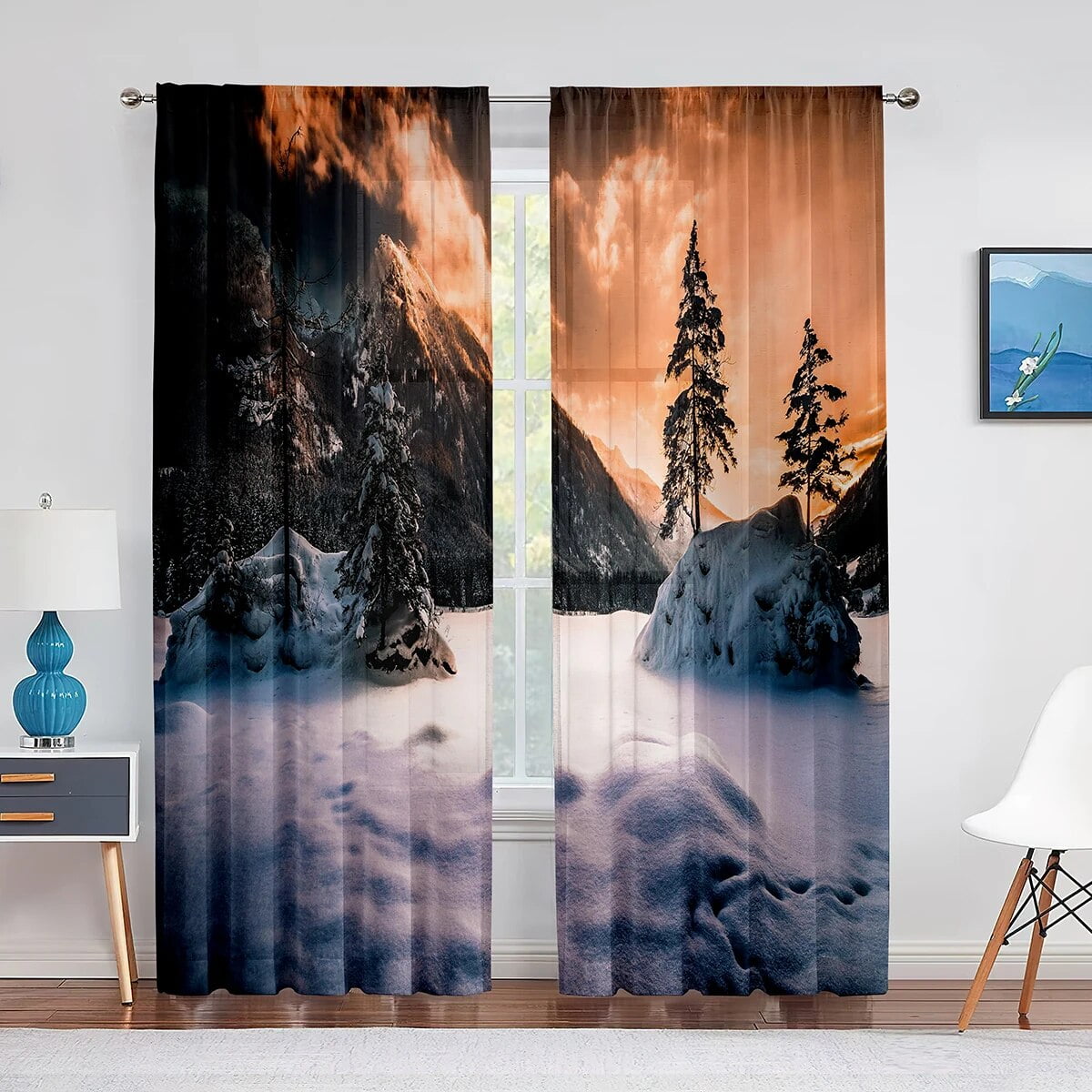 Snow Mountain Dreamy Dusk Scenery Sheer Curtain for Living Room Bedroom ...