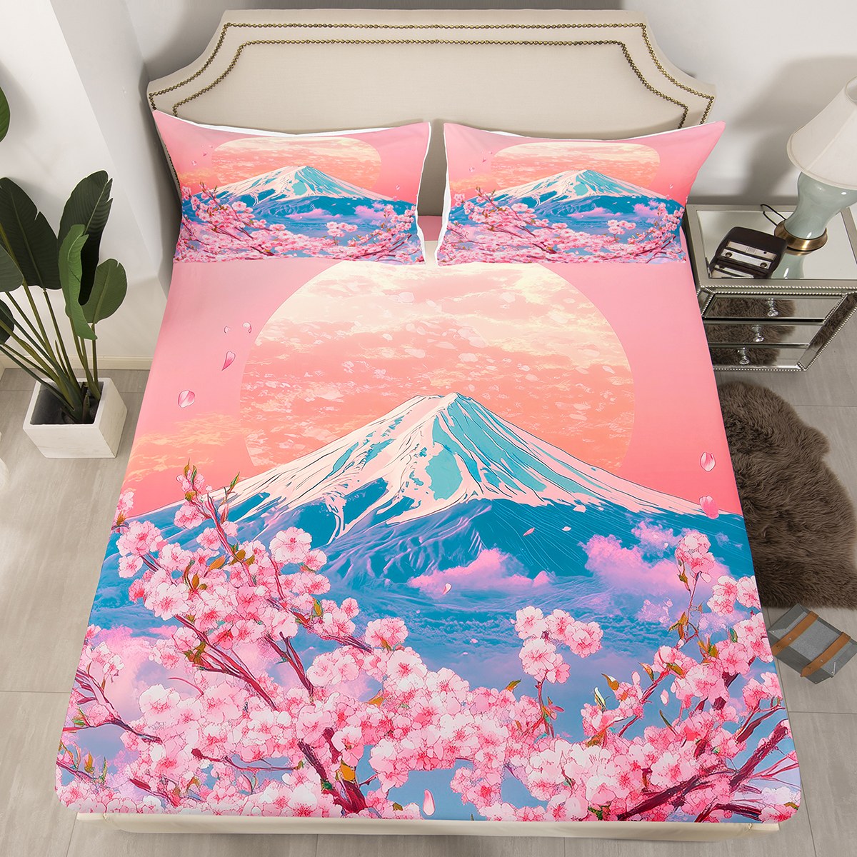Snow Mountain Fitted Sheet Full Size,Spring Cherry Blossoms Bed Sheet ...