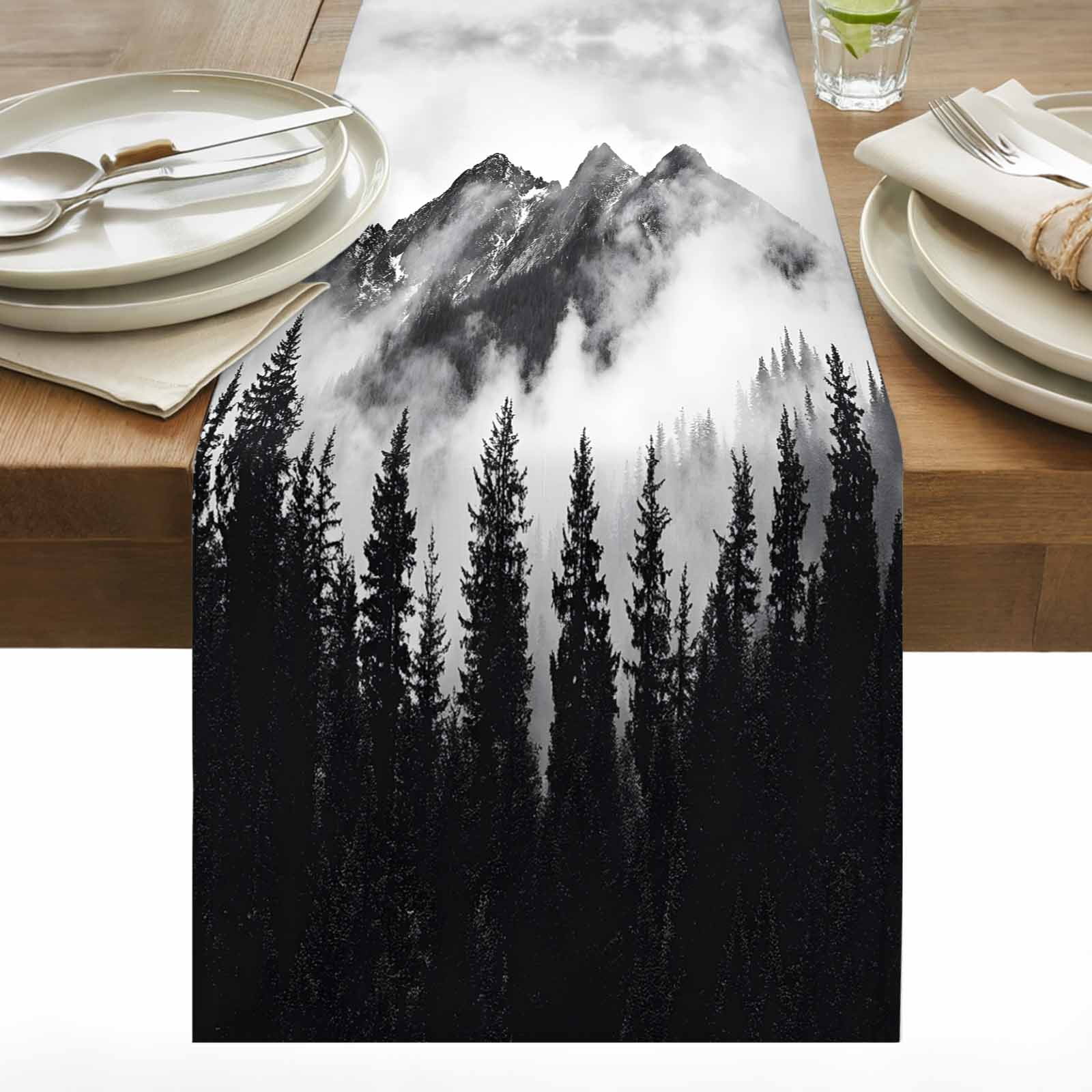 Snow Mountain Table Runner 13x120 inch Black Forest Nature Minimalist ...