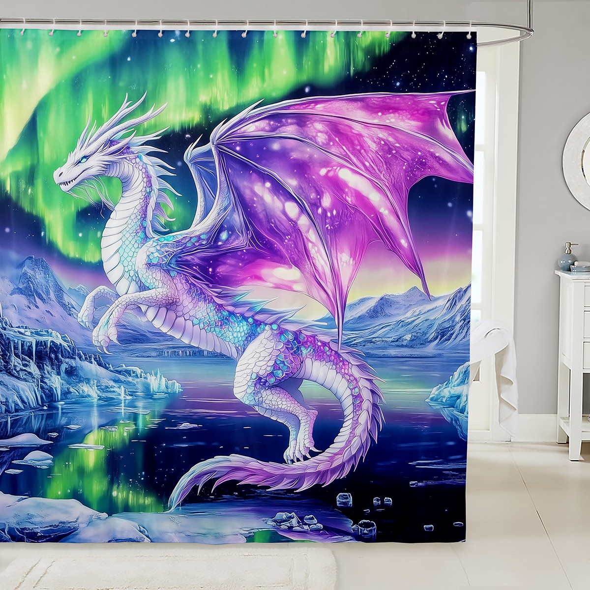 Snow Moutain Aurora Shower Curtains,Ancient Wild Animal Bath Curtain ...