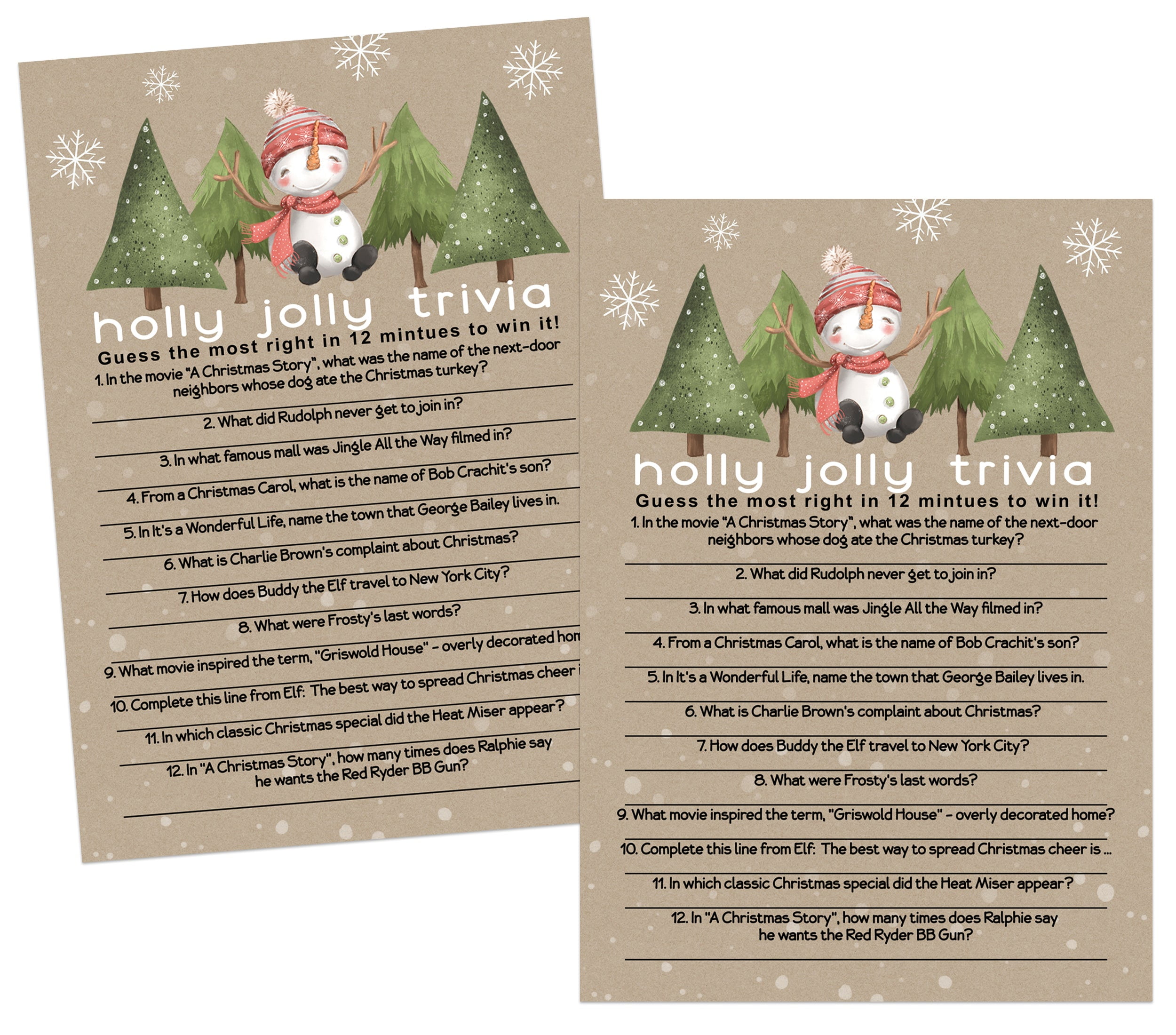 Paper Clever Party Snowman Christmas Trivia Game Cards - 25 Pack, 5x7 ...