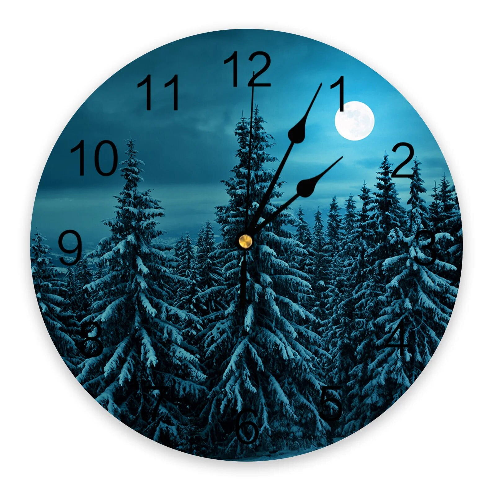 Snow Scene Night Forest Moon Wall Clock Modern Design Living Room ...