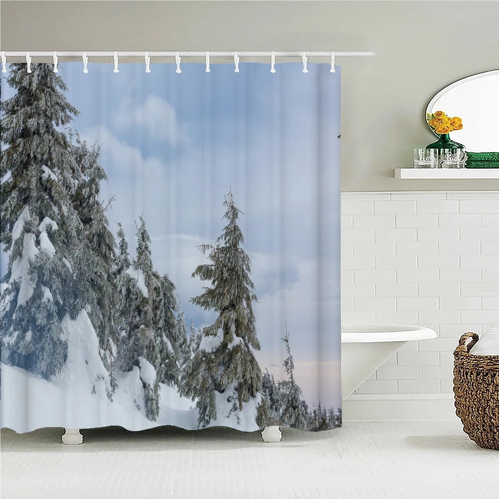Snow Scene Scenery Shower Curtain Waterproof Fabric Cedar Trees ...