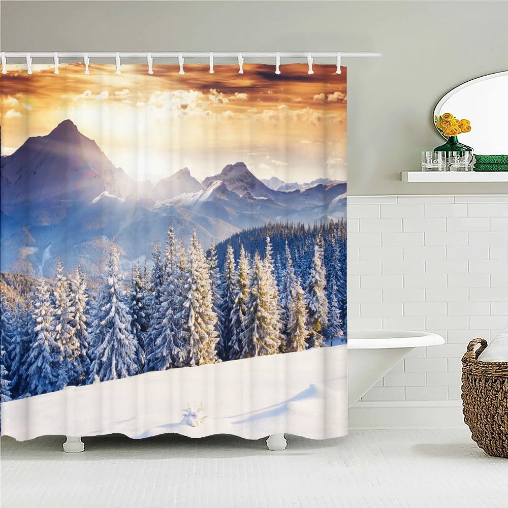 Snow Scene Scenery Shower Curtain Waterproof Fabric Cedar Trees ...