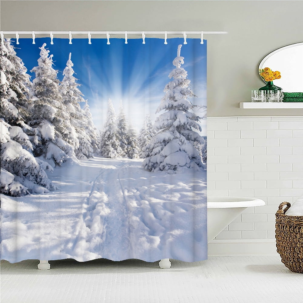 Snow Scene Scenery Shower Curtain Waterproof Fabric Cedar Trees ...