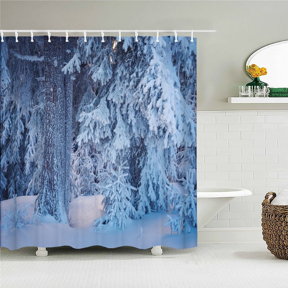 Snow Scene Scenery Shower Curtain Waterproof Fabric Cedar Trees ...