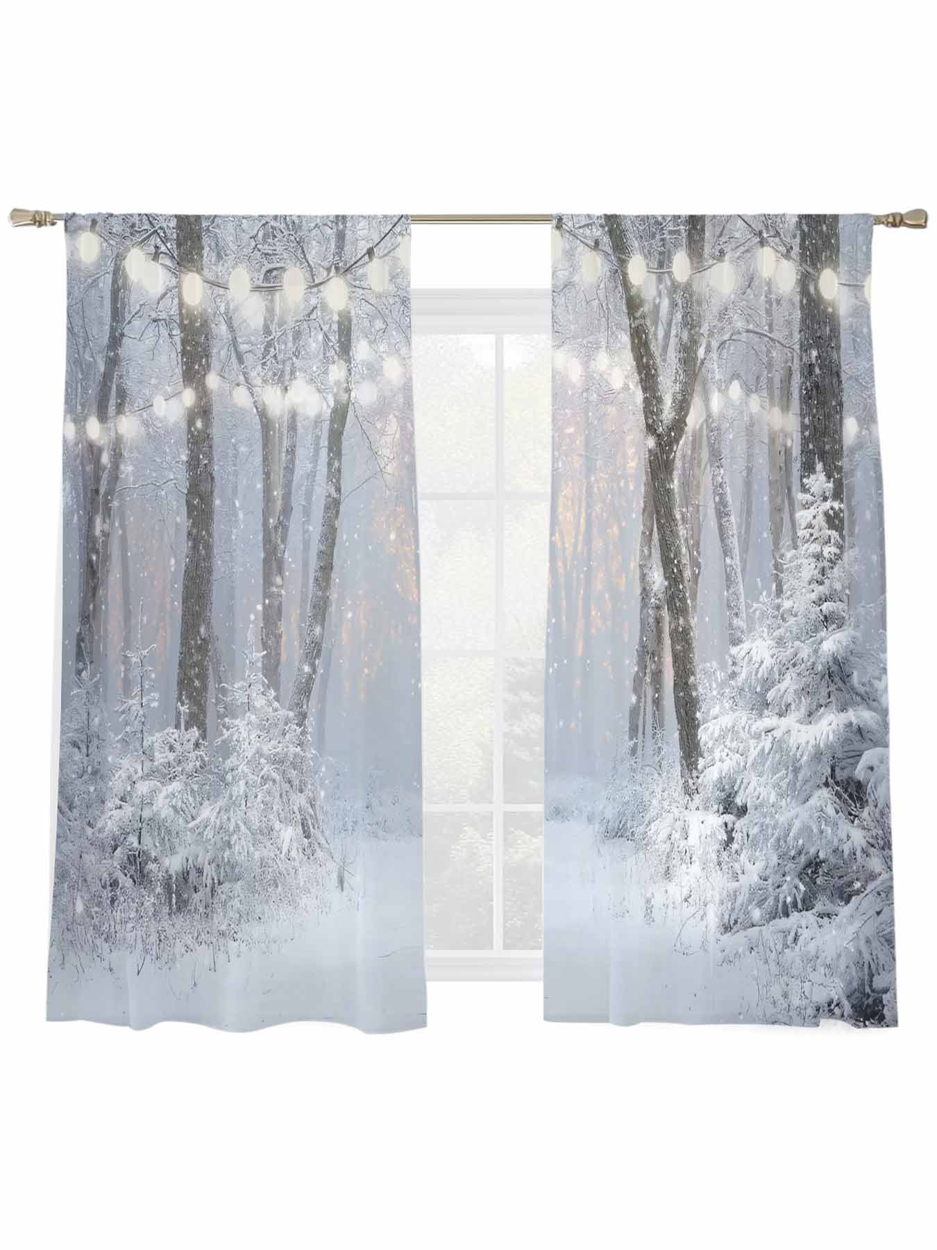 Snow Scenery Sheer Curtains 2 Panels Set Dreamy Winter Snowflakes ...
