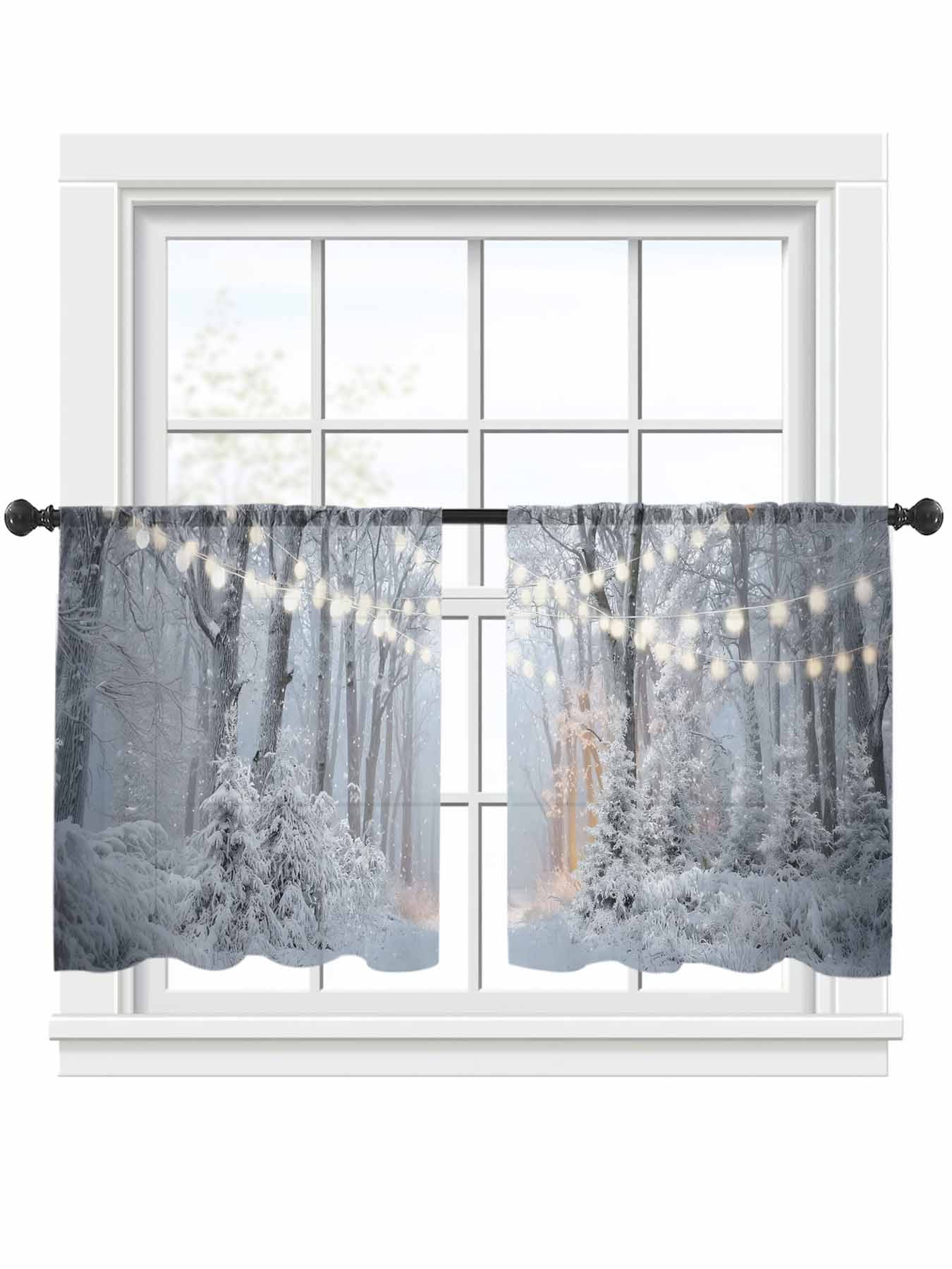Snow Scenery Sheer Curtains 2 Panels Set Shiny Winter Snowflakes Forest ...