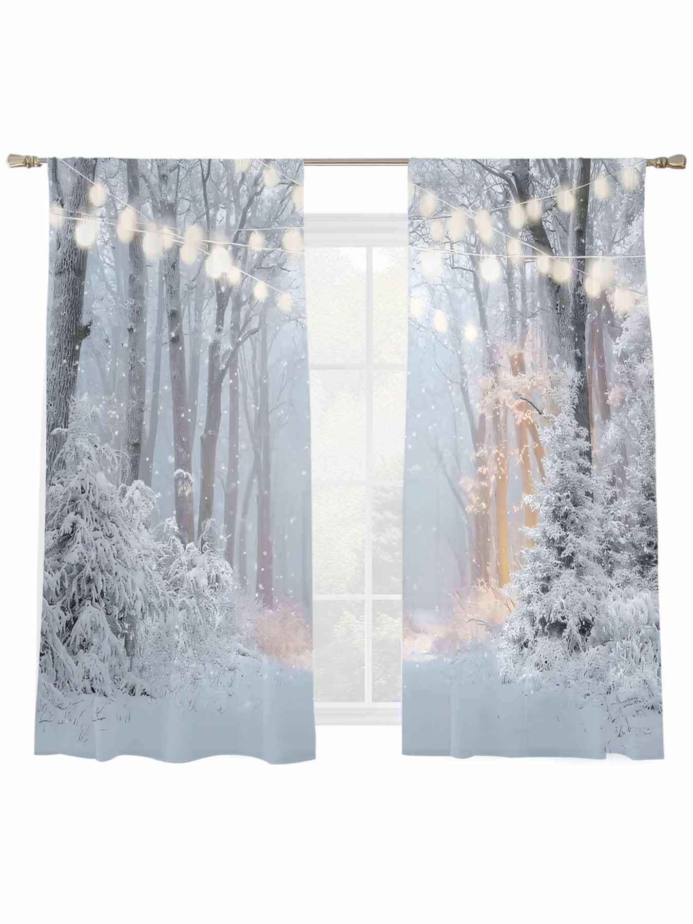Snow Scenery Sheer Curtains 2 Panels Set Shiny Winter Snowflakes Forest ...