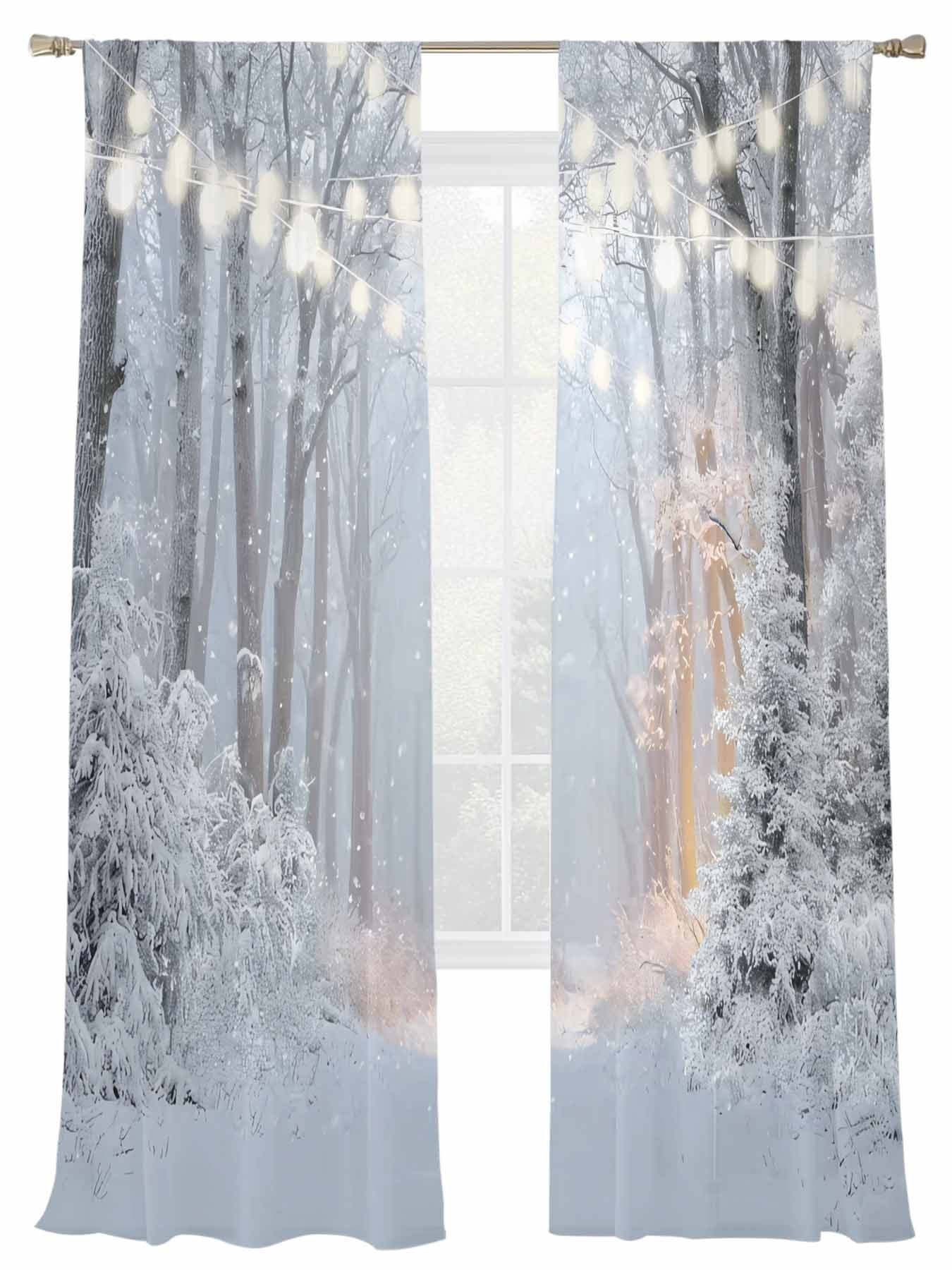 Snow Scenery Sheer Curtains 2 Panels Set Shiny Winter Snowflakes Forest ...