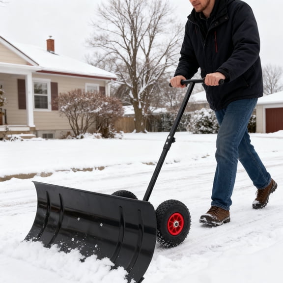 29" Heavy-Duty Steel Snow Pusher with Wheels, Adjustable Blade & Height ...