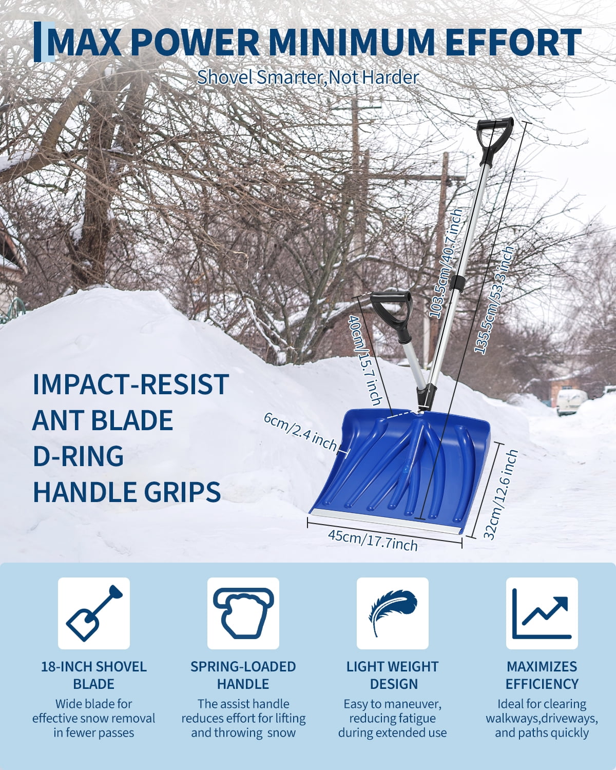 Snow Shovel with 18 in Wide Blade, Ergonomic Snow Pusher with Assisted ...