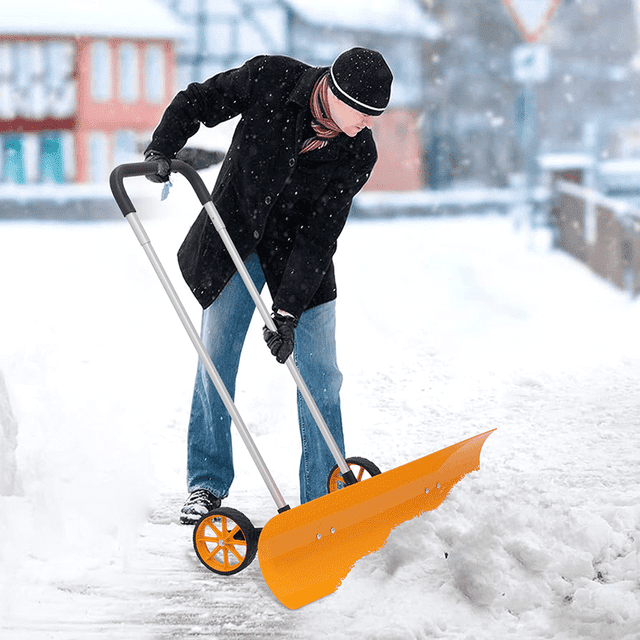 Snow Push Shovel with Wheels Heavy-Duty Metal Snow Pusher Adjustable ...