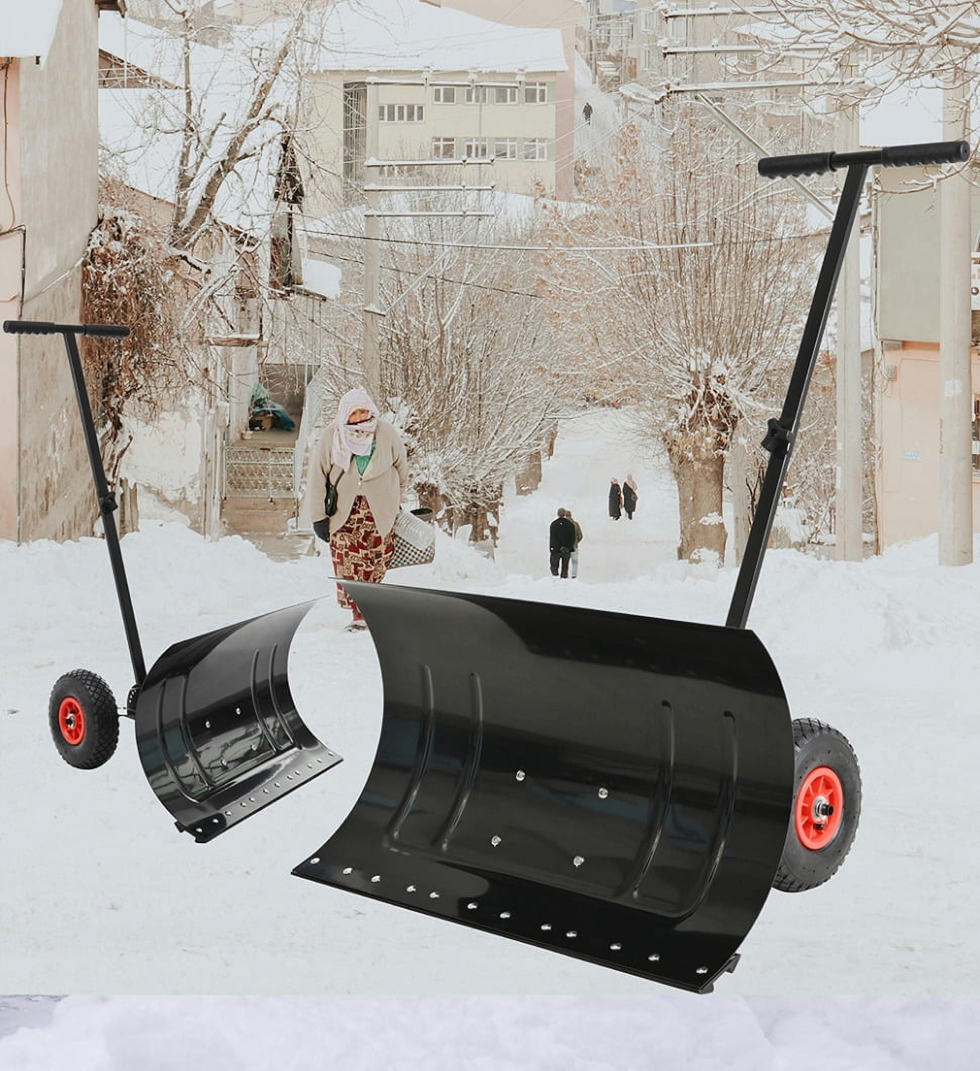 Snow Pusher Shovel, 29" Snow Shovel for Driveway with 10" Wheels, Heavy ...