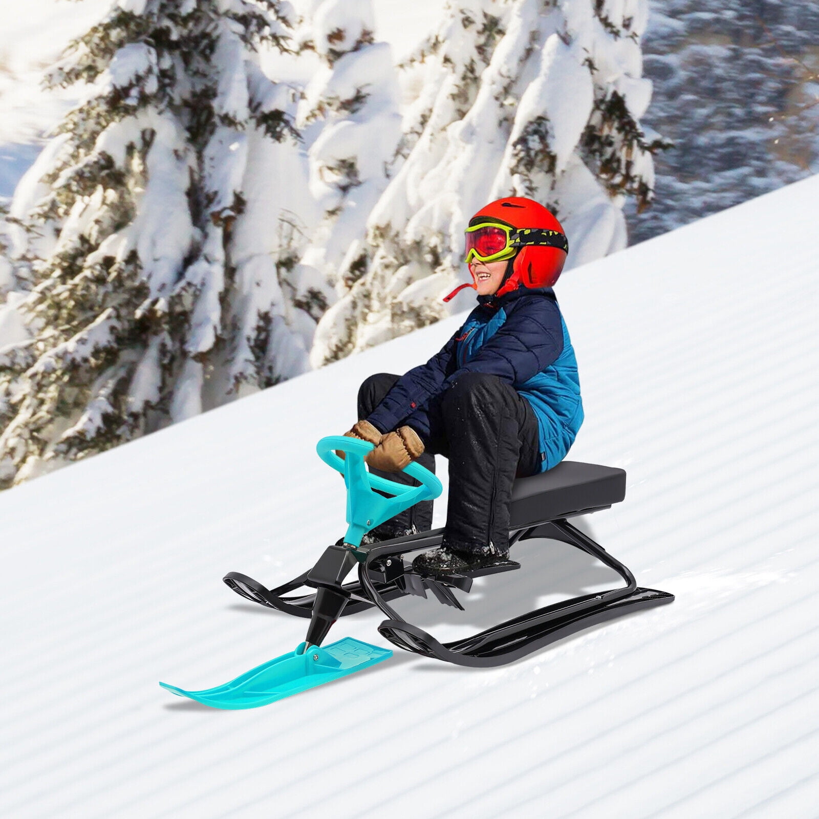 Snow Sled for 3-15 Years Kids Skiing With Two Serrated Foot Brakes ...