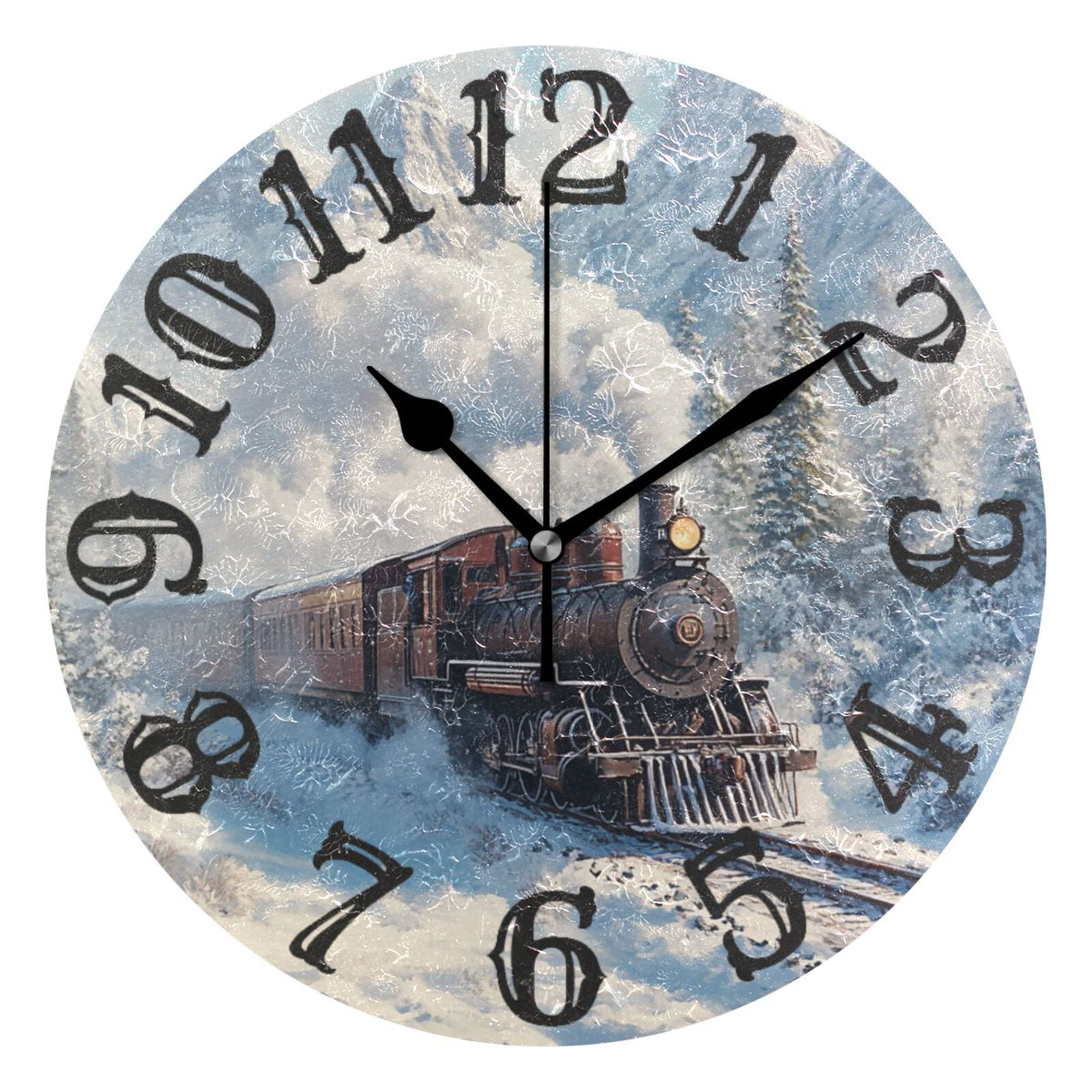 Snow Trees Train Wall Clock 10 inch Non-Ticking Easy to Read Decorative ...