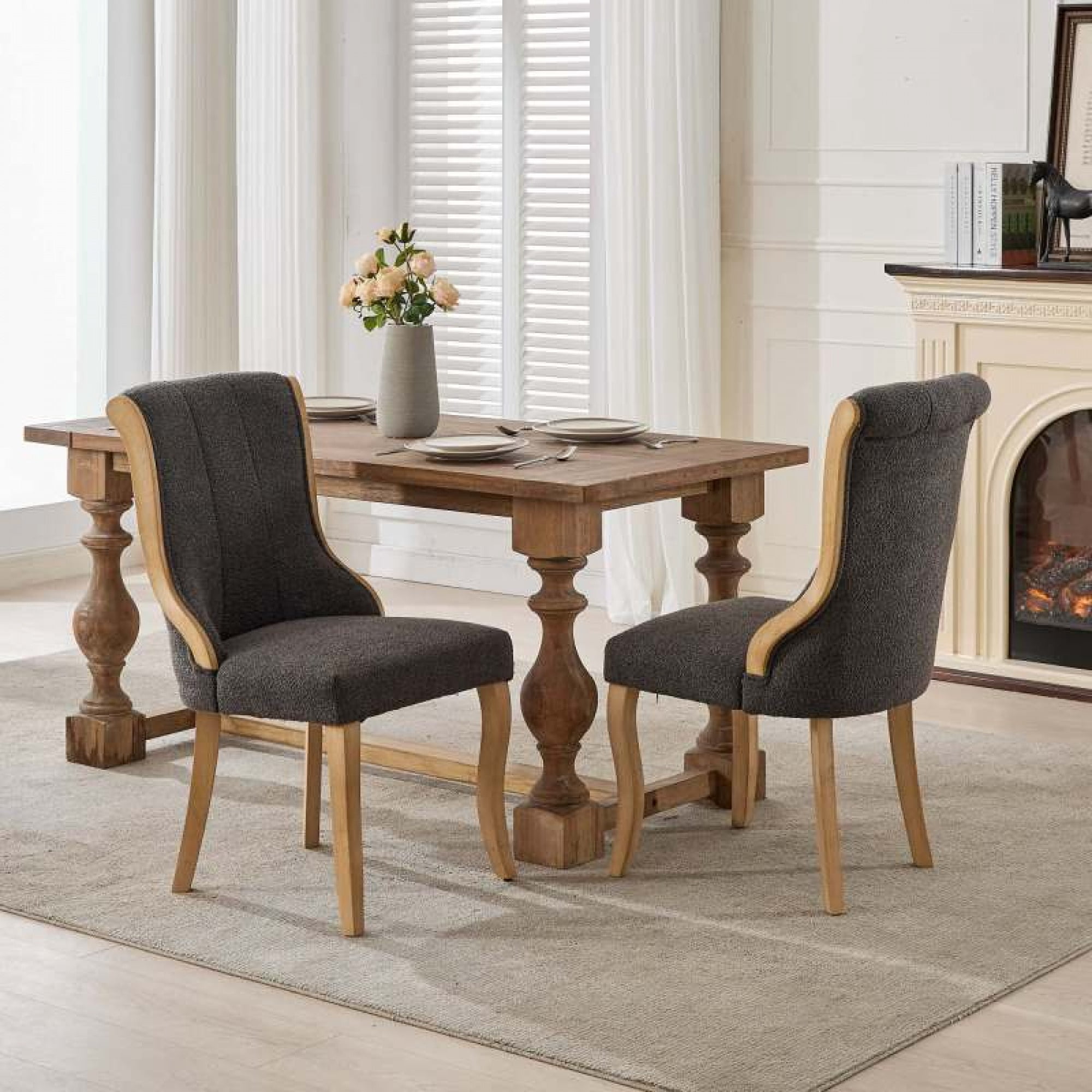 Snow Velvet Dining Chairs, Mid-Century Style with Curved Wood Trim ...