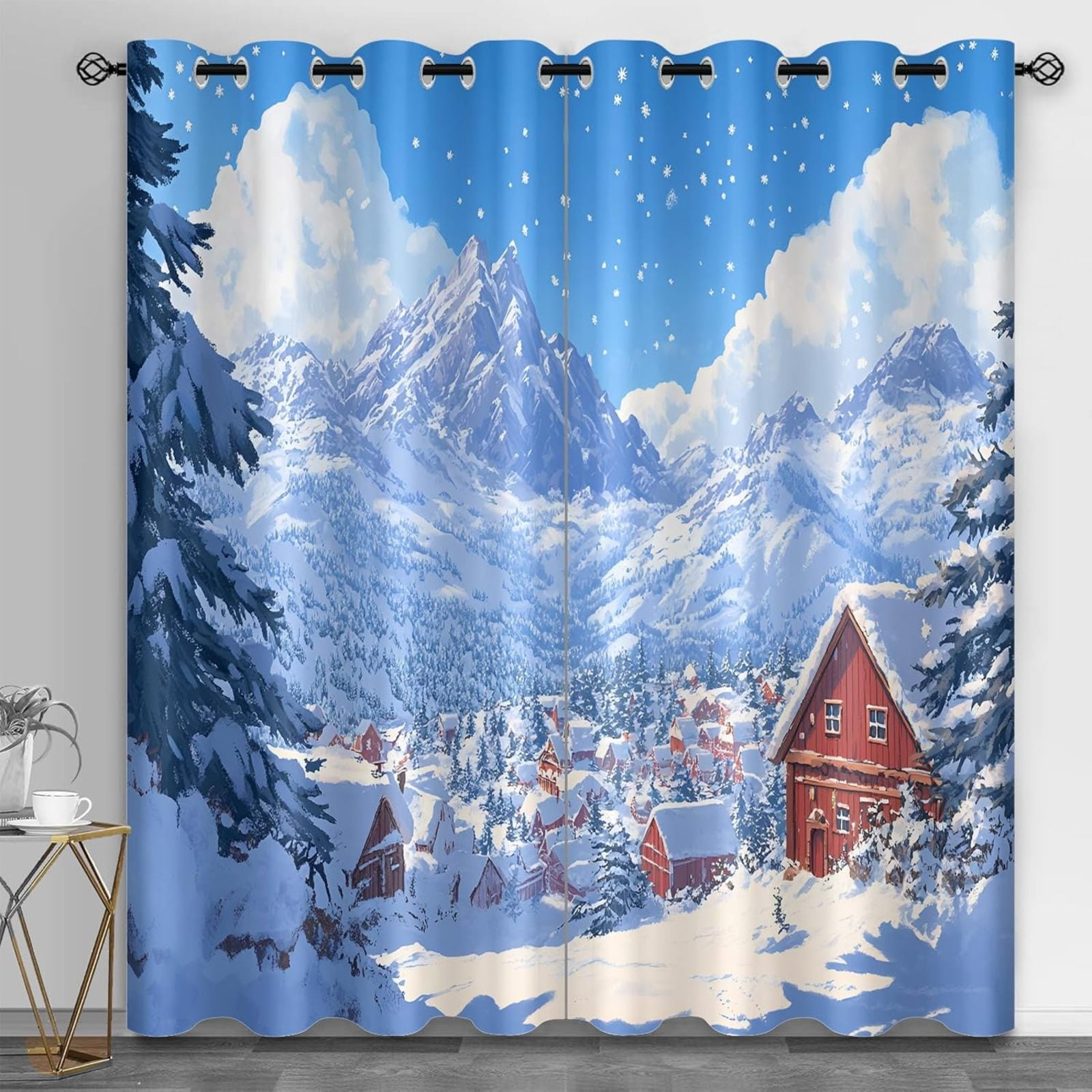 Snow Village Print 3D Print Window Curtain Panel, Winter Scenery ...