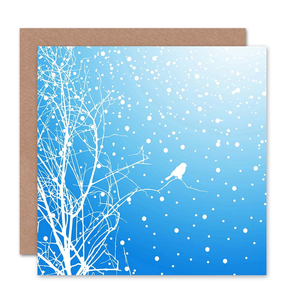 Snow Winter Bird Tree Blue Greetings Card Plus Envelope Blank inside ...
