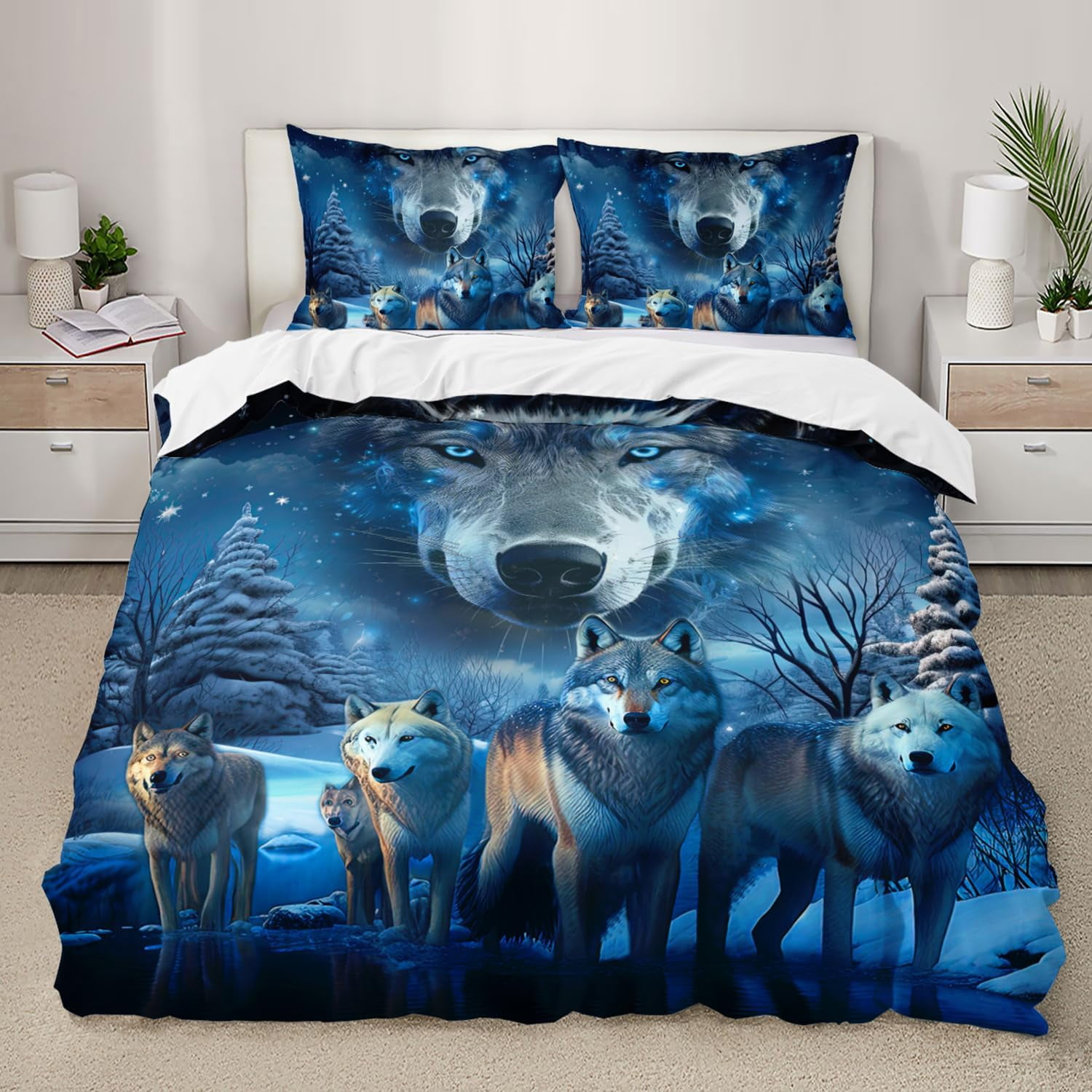 Snow Wolf Duvet Cover Set,Night Galaxy Starry Wolf Bedding Set Set,Wild ...