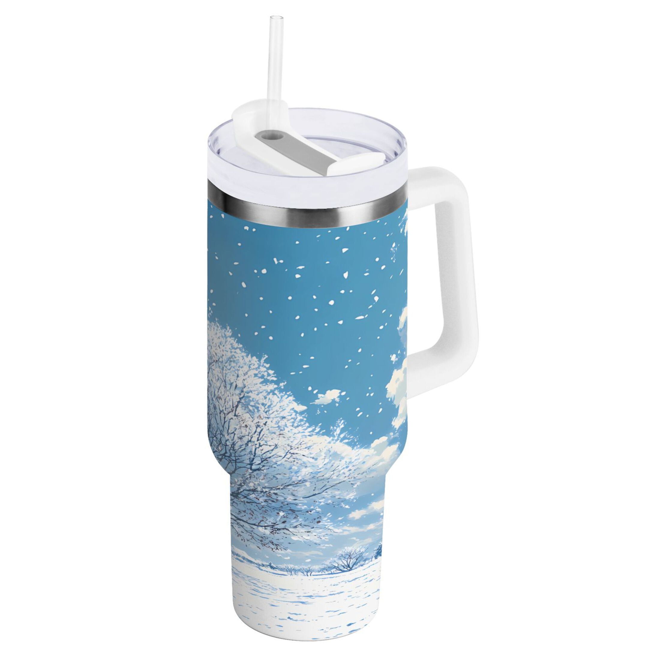 Snow-covered Tree in Winter Tumbler with Handle and Straw Lid 40 oz ...
