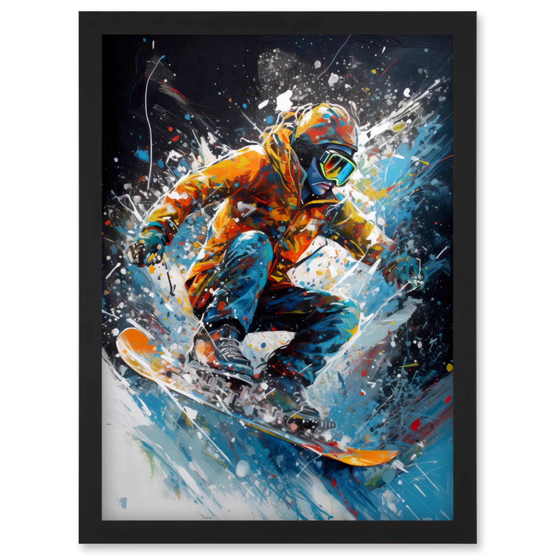 Snowboarder Landing Snowboard Jump Splatter Paint Artwork Framed Wall ...