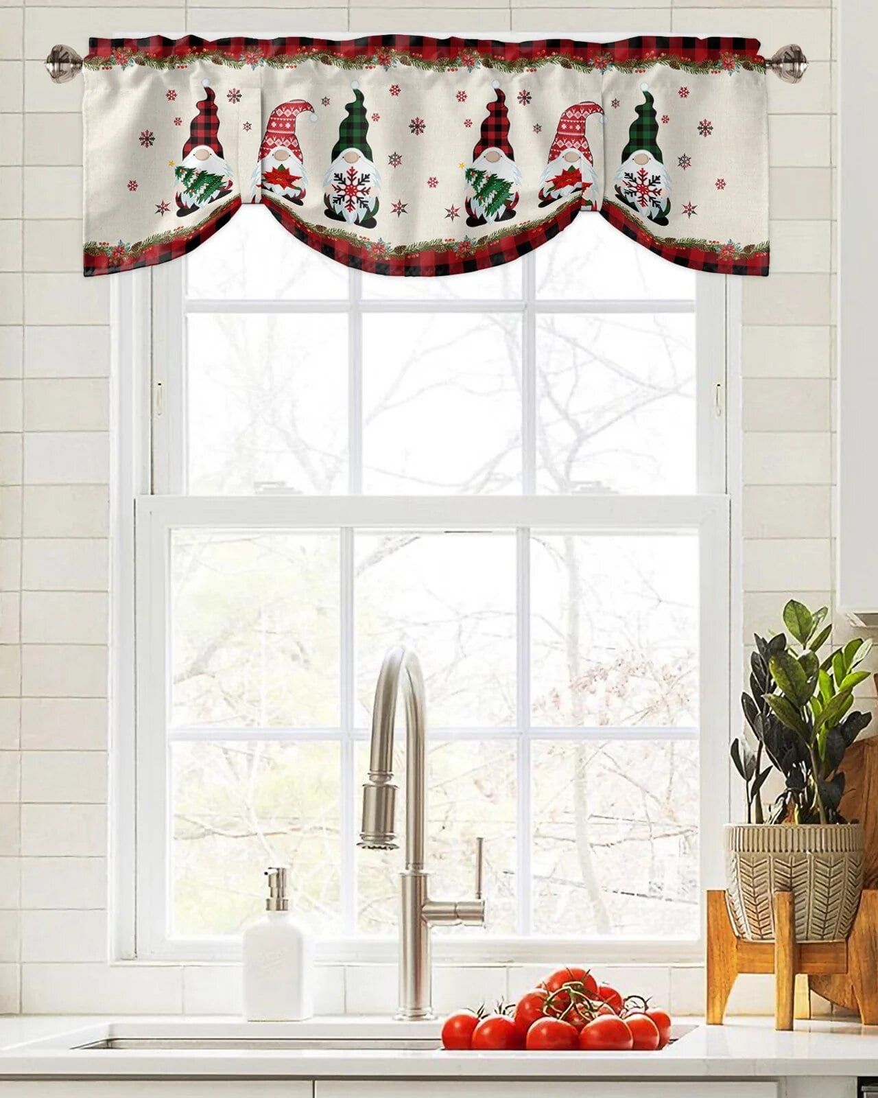 Snowflake Christmas Gnome Red Plaid Window Curtain Living Room Kitchen ...
