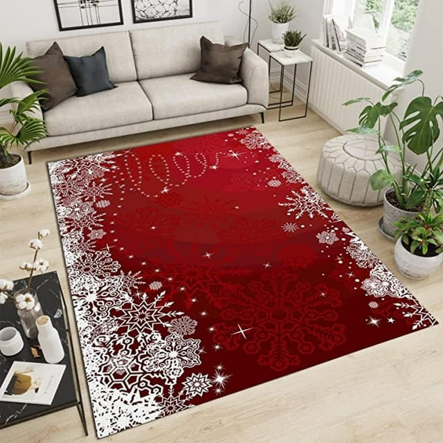 Snowflake Christmas Red Area Rug, Red Festive Christmas Holiday Indoor ...