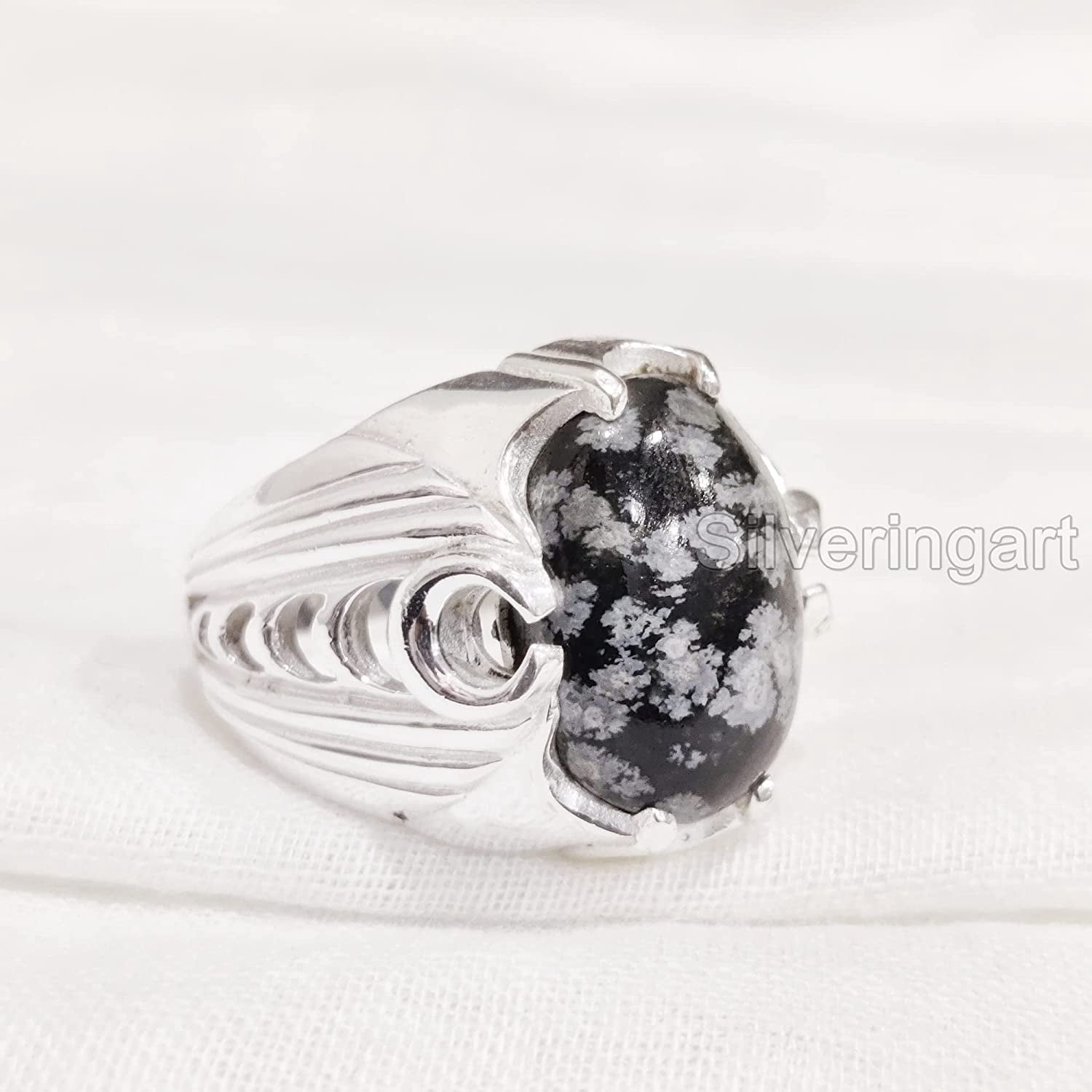 Snowflake Obsidian Mans Ring, Natural Snowflake Obsidian, Crescent Moon ...
