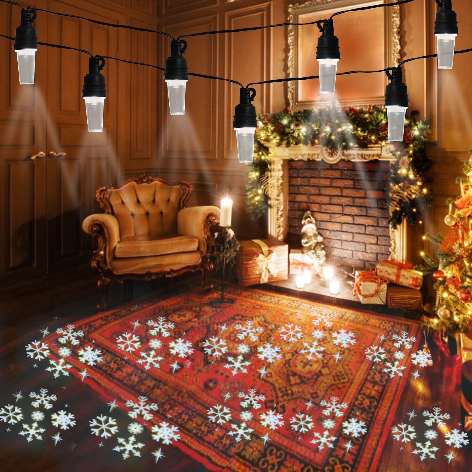 Snowflake Projection String Lights - Hanging Outdoor String Lights ...