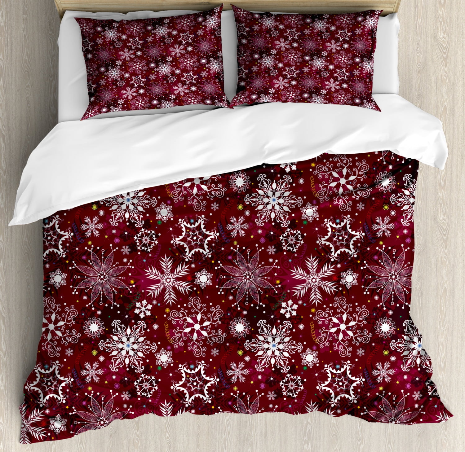 Snowflake Queen Size Duvet Cover Set, Colorful Festive Christmas Pattern with Snowflakes and ...