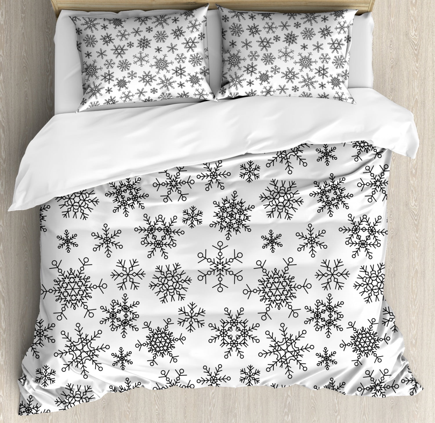 Snowflake Queen Size Duvet Cover Set, Line Art Design Snowflake Pattern ...