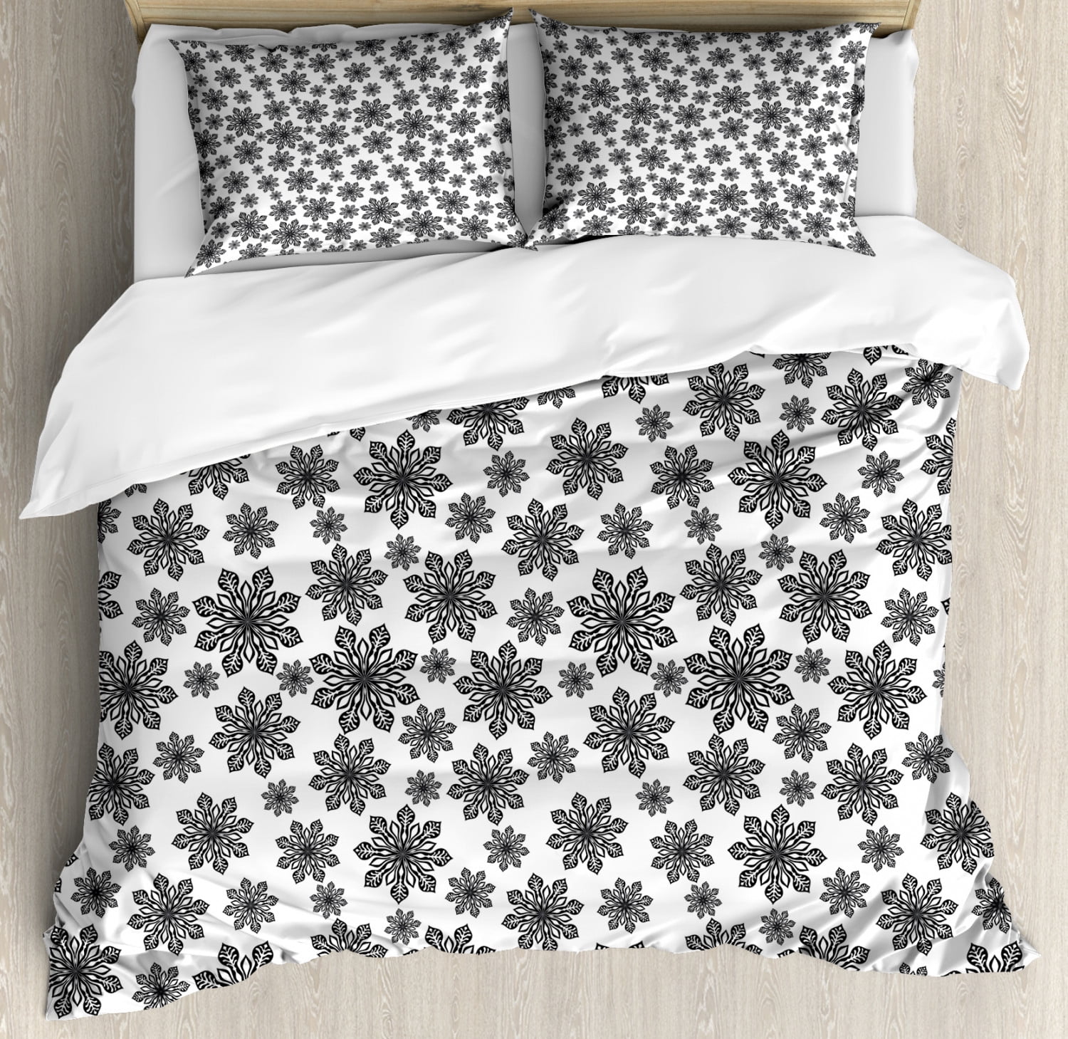 Snowflake Queen Size Duvet Cover Set, Monochrome Snowflakes Christmas ...