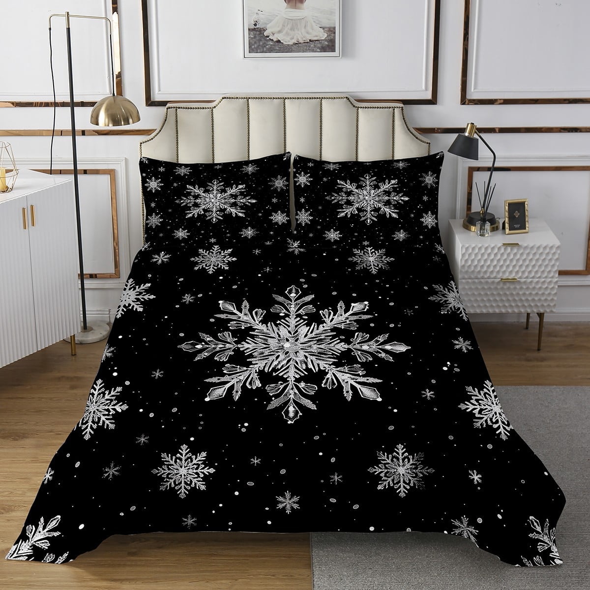 Snowflake Quilt Set Twin Christmas Bedspread Set Black and White ...