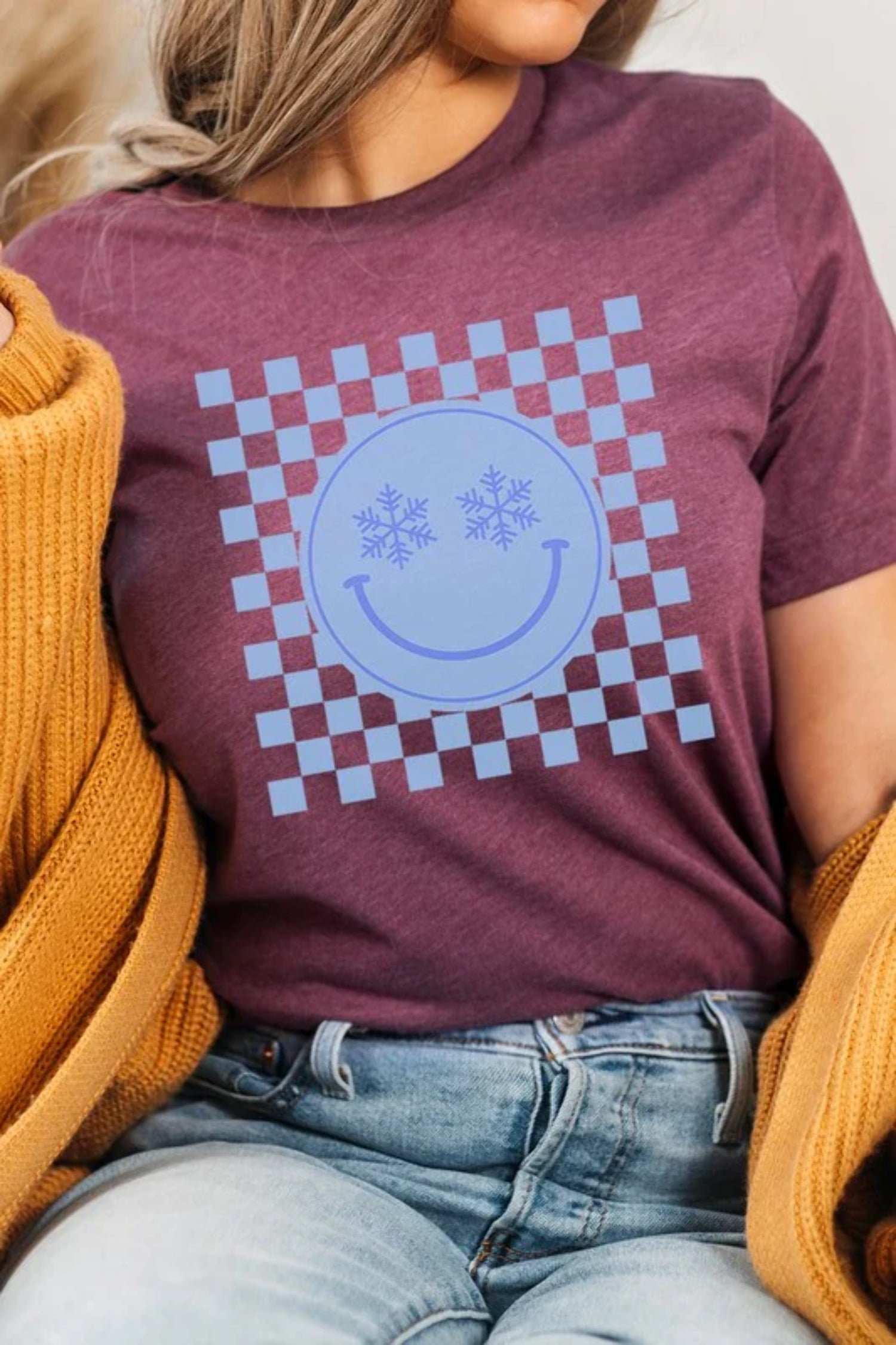 Snowflake Smiley Face Checker Winter Graphic Tee T-Shirt - Walmart.com