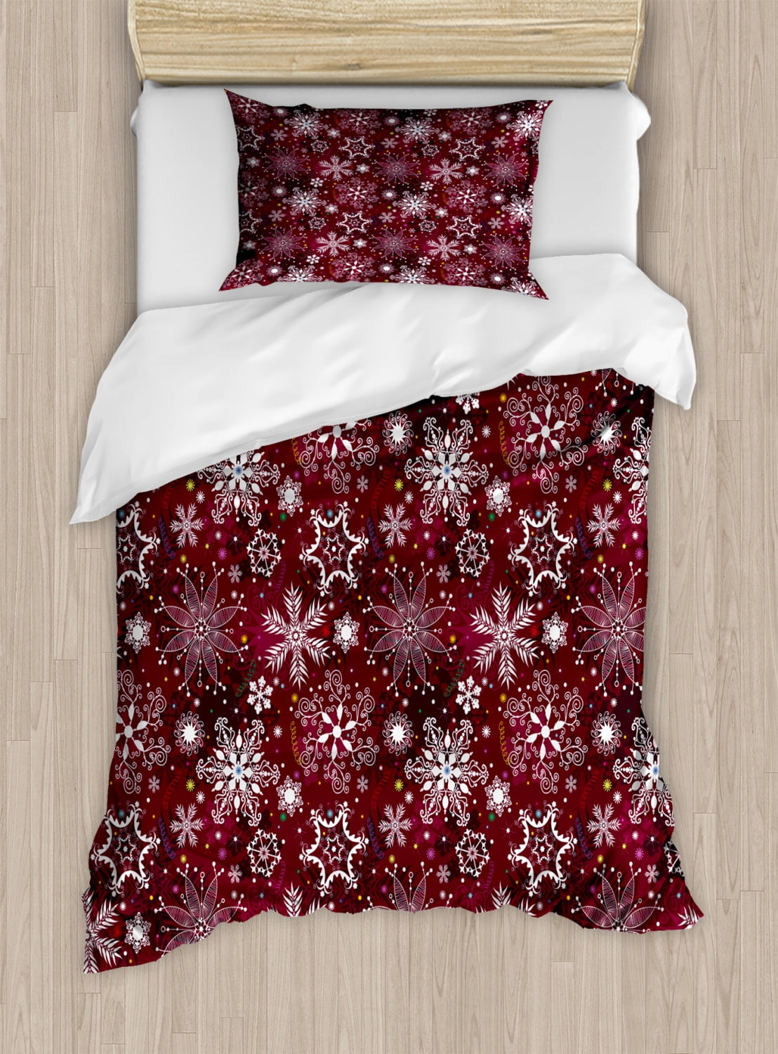 Snowflake Twin Size Duvet Cover Set, Colorful Festive Christmas Pattern ...