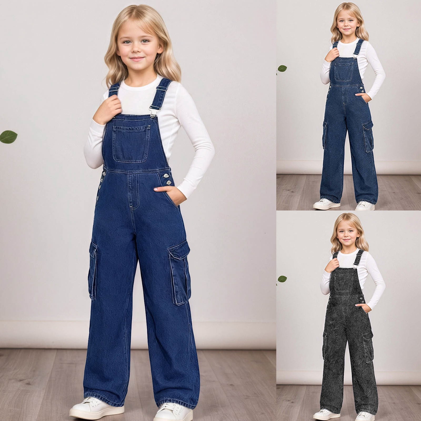 Snowflake Washed Design Girls Cargo Wide Leg Denim Overalls Jumpsuit ...