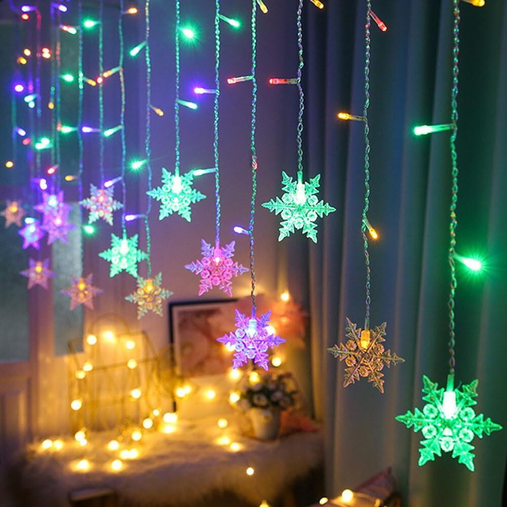 Snowflake Window Curtain Lights, 13.1 ft Snowflake Christmas Icicle ...