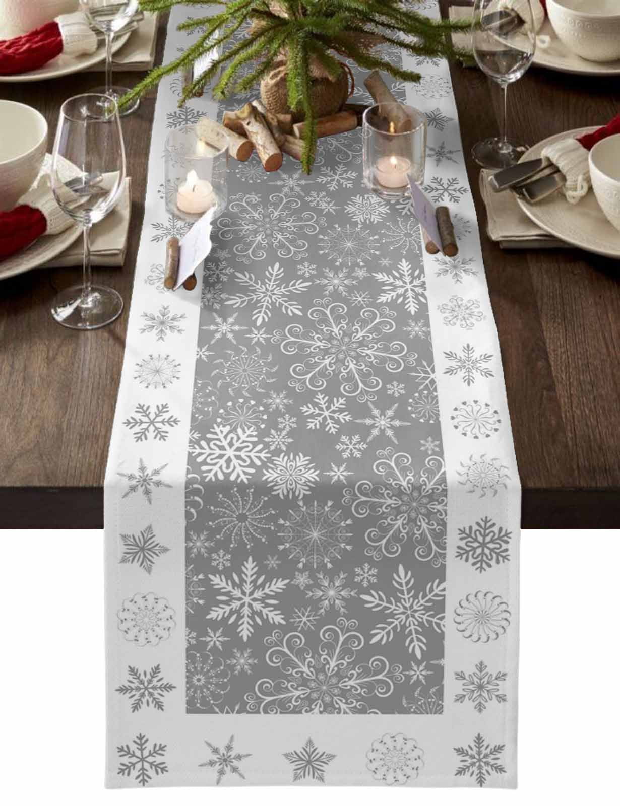 Snowflakes Christmas Cotton Linen Table Runner for Dining Kitchen, Grey ...